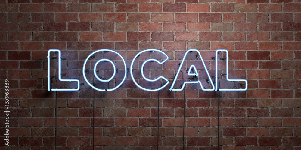 LOCAL - fluorescent Neon tube Sign on brickwork - Front view - 3D ...