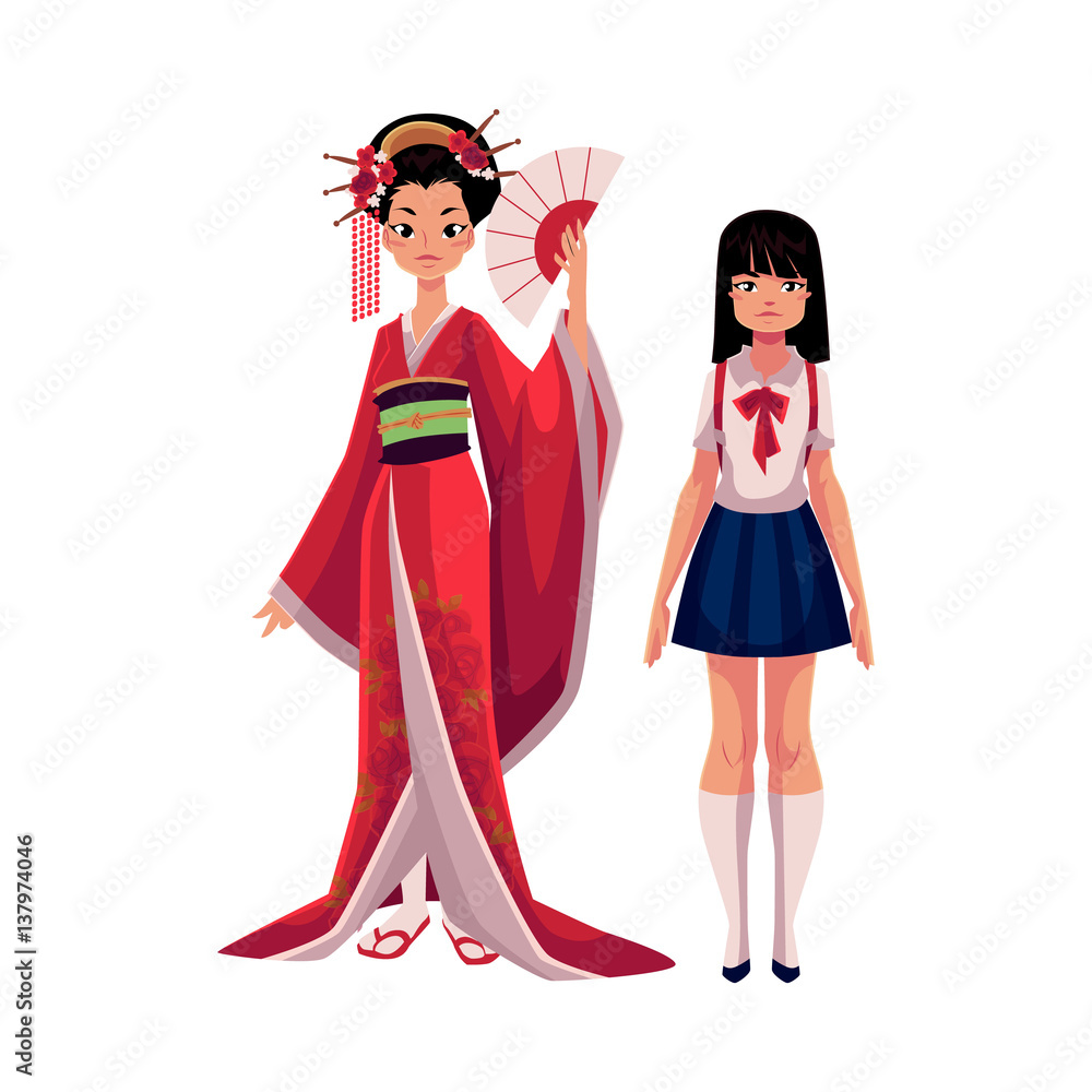 Japanese people - geisha in historical kimono and typical schoolgirl ...