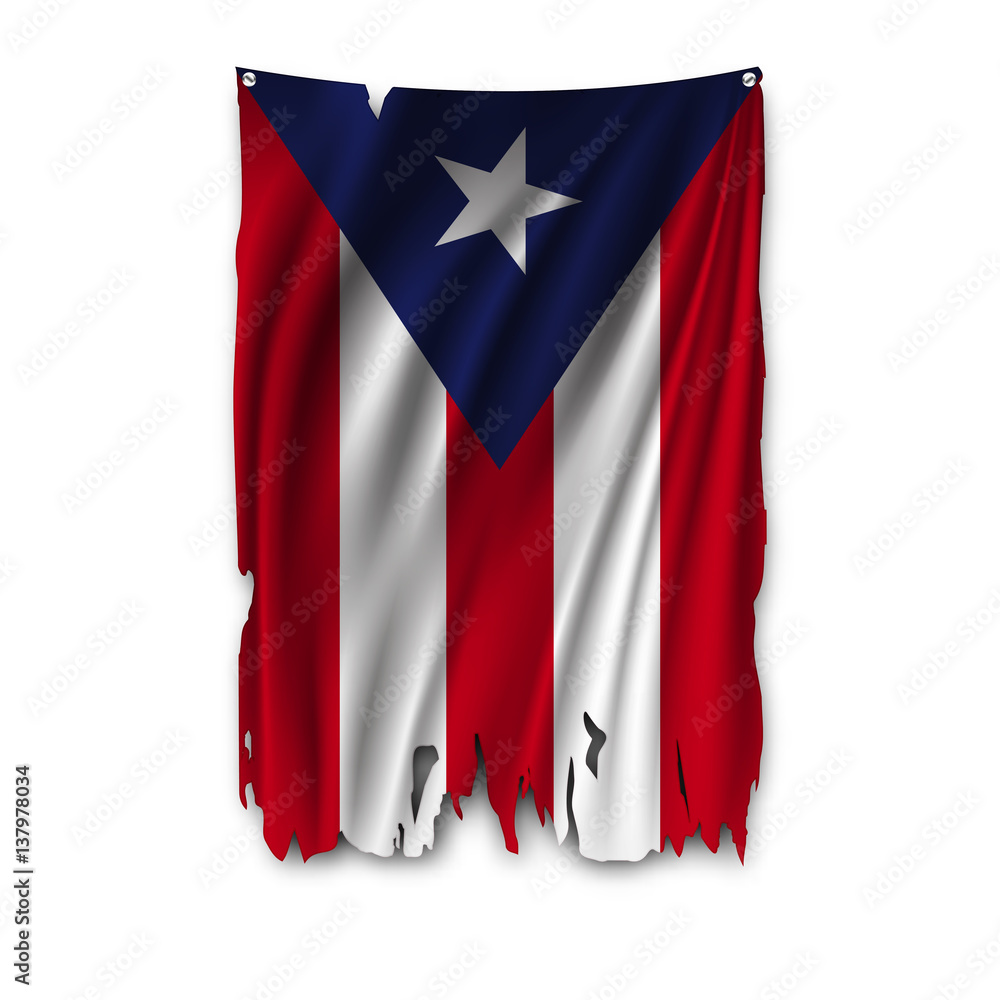 Torn by the wind national flag of Puerto rico. Ragged. The wavy fabric ...