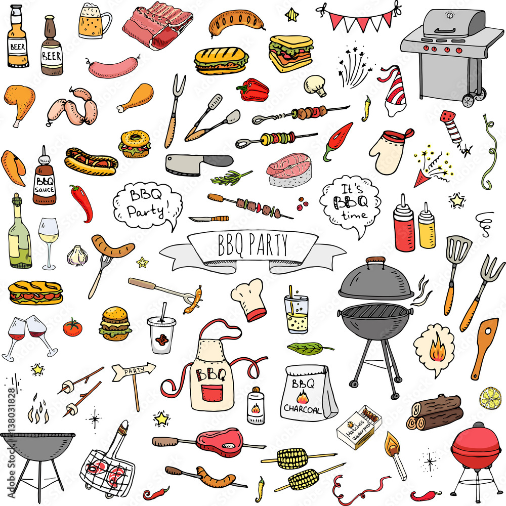 Seamless pattern with hand drawn doodle BBQ icons set. Vector ...