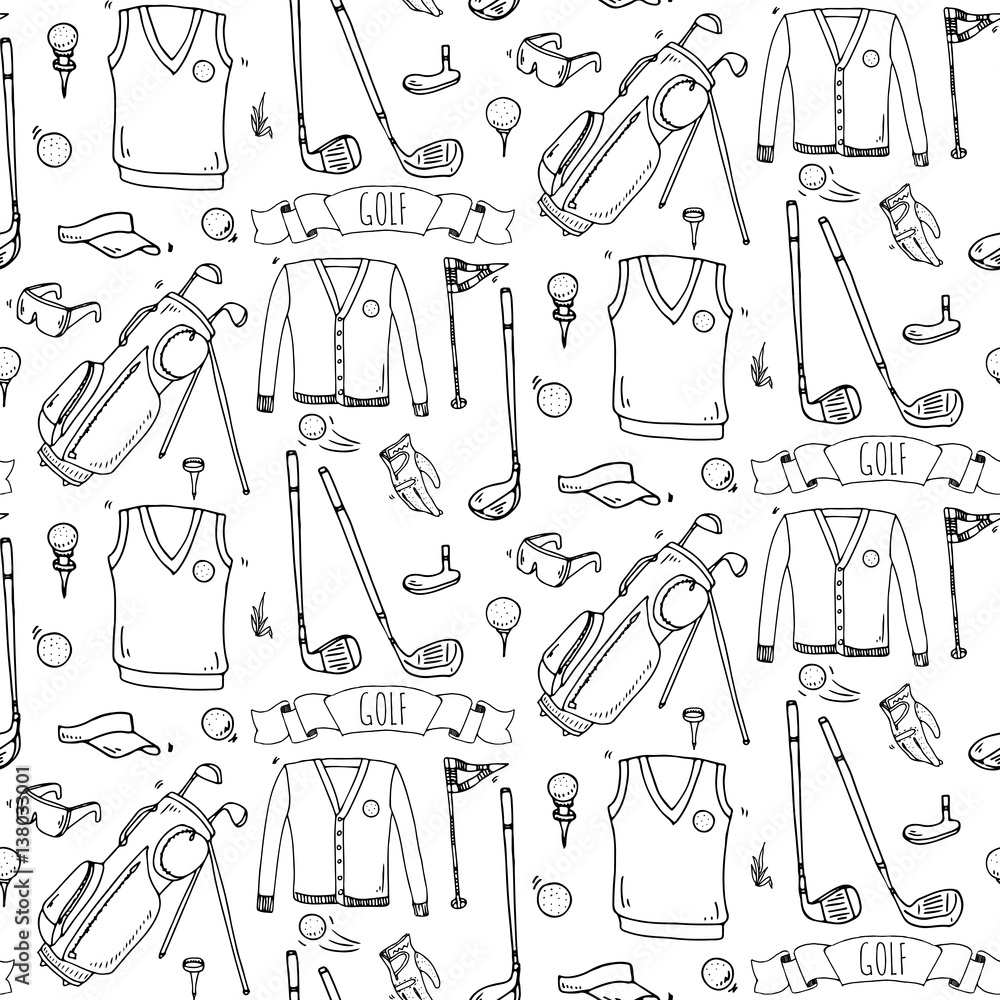 Seamless pattern Hand drawn doodle Golf icons set. Vector illustration ...