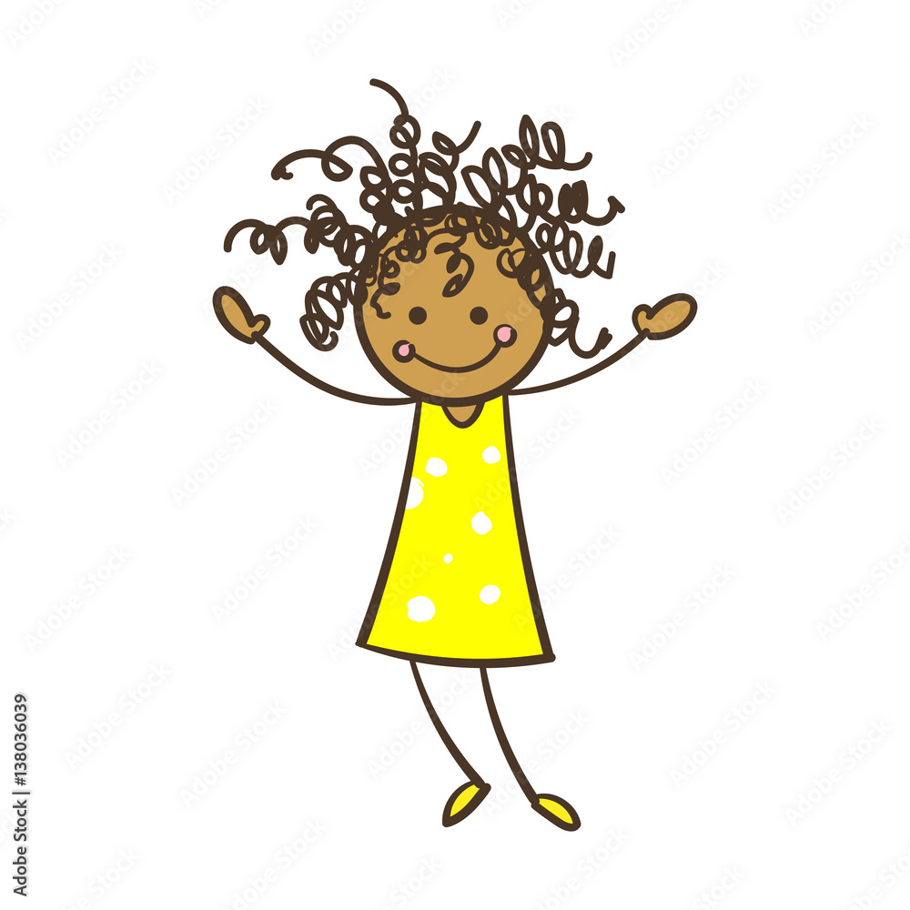 Cartoon Stick Figure Girl With Curly Hair Stock Vector | Adobe Stock