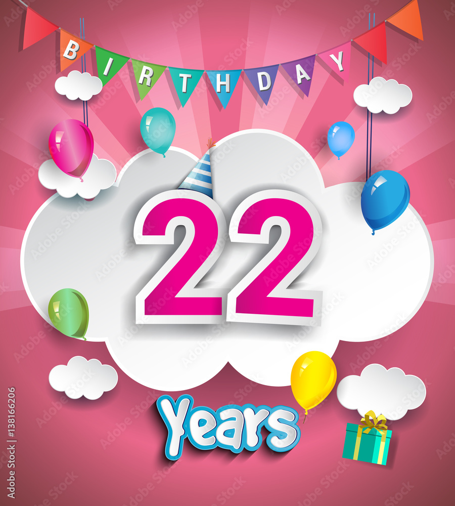 22 years birthday Celebration Design, with clouds and balloons ...