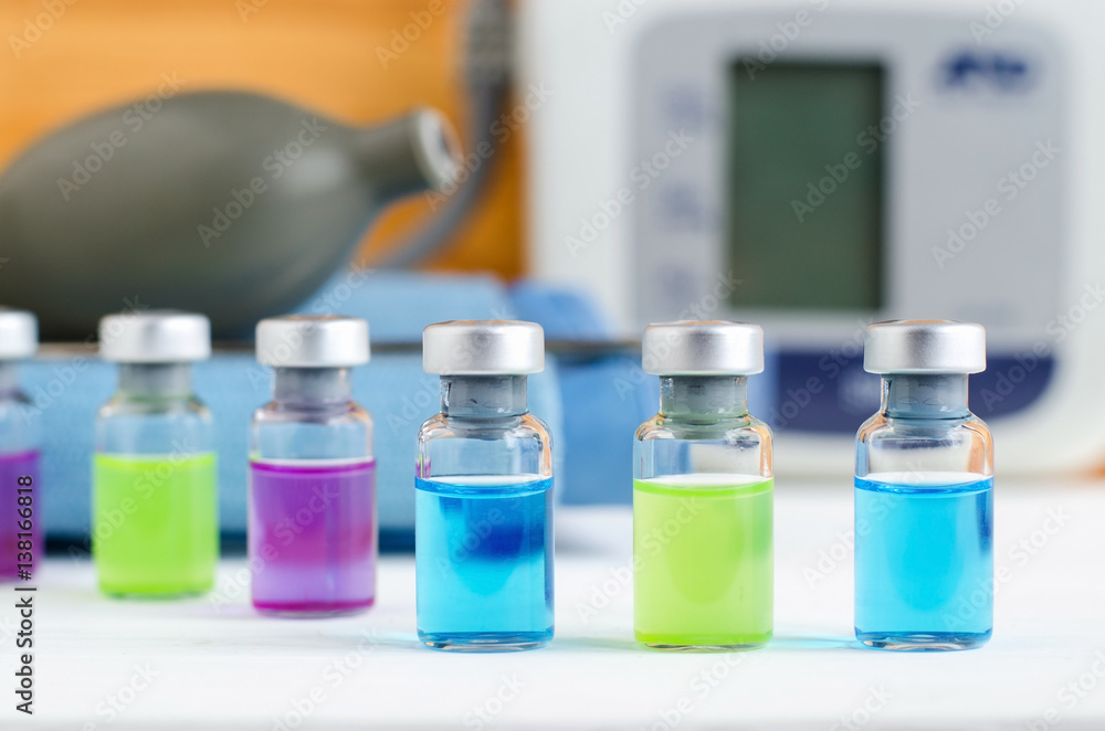 Set of different medical vials for injections. Ampoules with a liquid ...