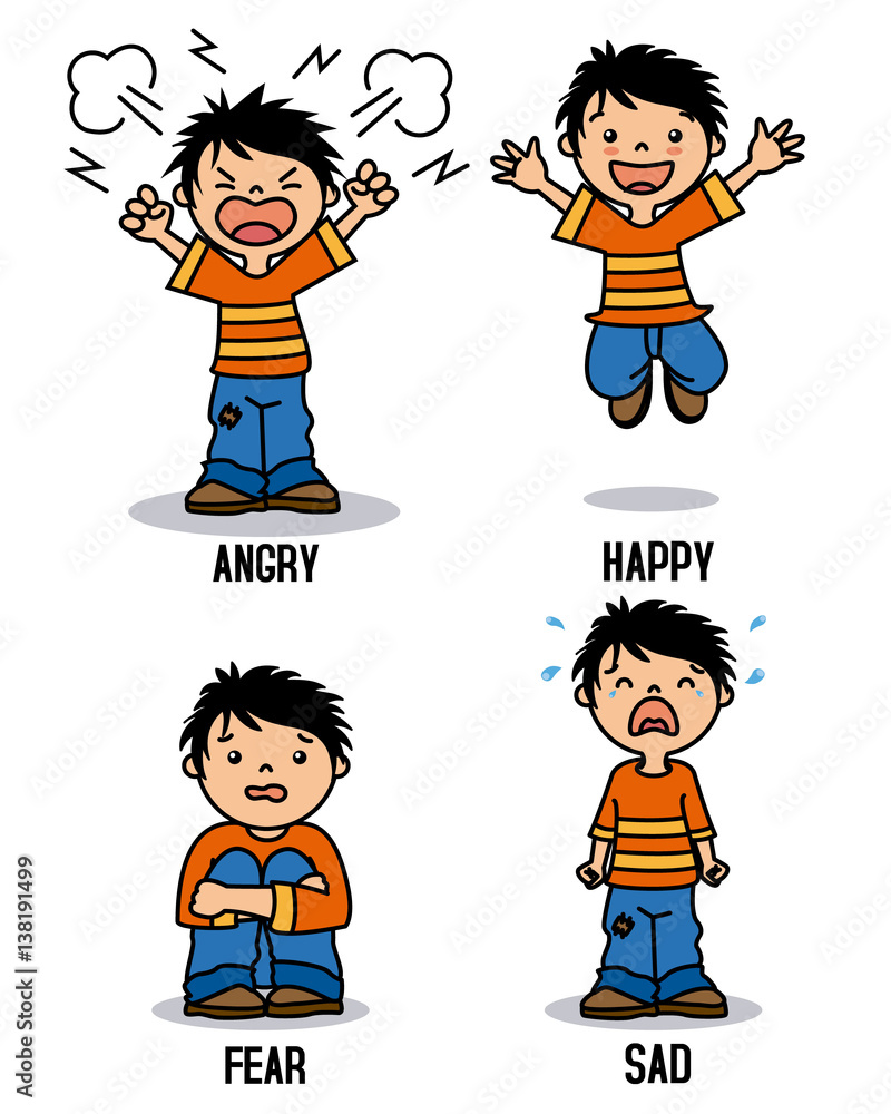 Boy emoticon showing different emotions. Happy, angry, sad and scared ...