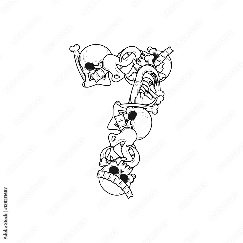 Number 7 skeleton. Bones Font seven. Anatomy of an alphabet symbol ...