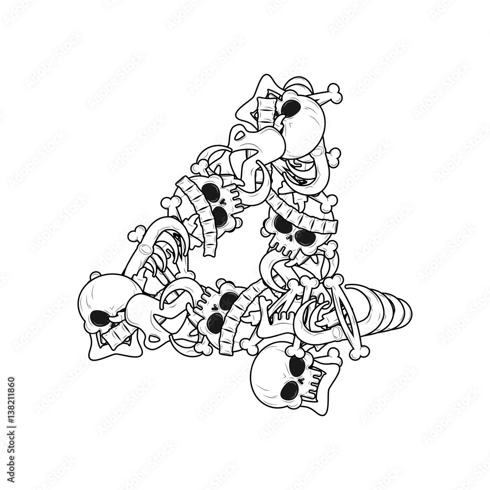 Number 4 skeleton. Bones Font four. Anatomy of an alphabet symbol. dead ...