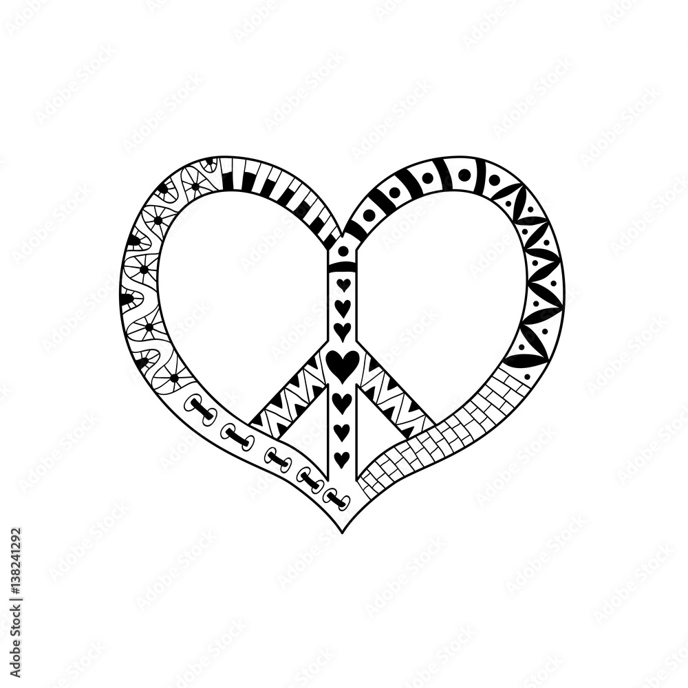 Hippie vintage peace symbol in zentangle style for adult anti stress ...