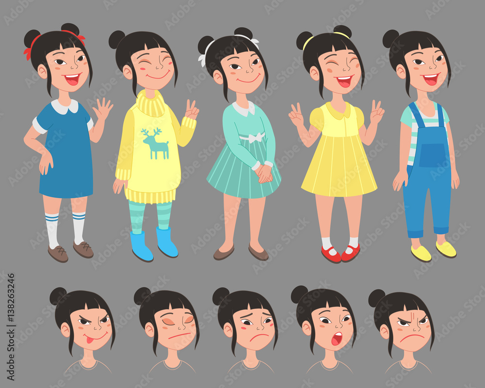 Cute cartoon school girl character full body portrait. Set of different ...