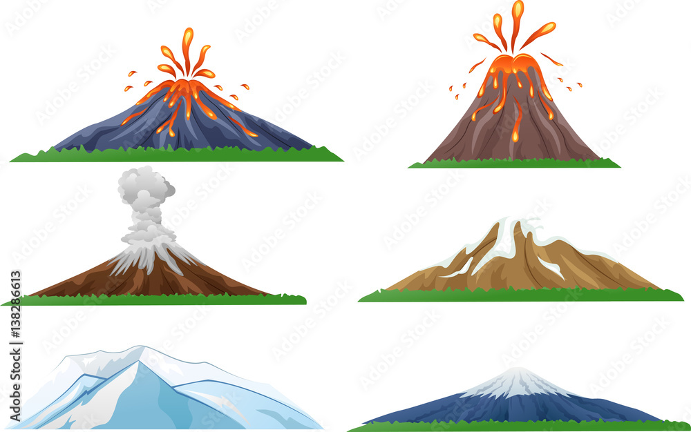 Cartoon volcano eruption set Stock Vector | Adobe Stock