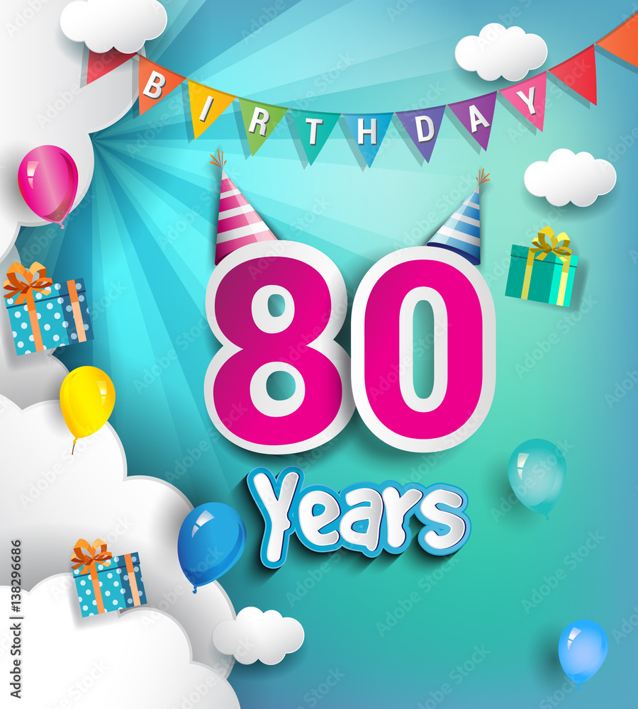 80 years Birthday Celebration Design, with clouds and balloons. using ...