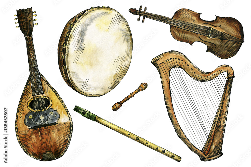 Watercolor and ink Irish folk music instruments Stock Illustration ...