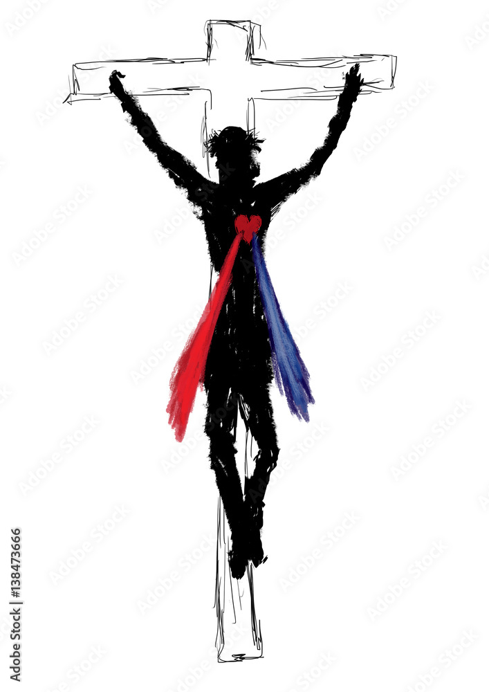 Jesus Christ on the cross, with sacred heart and Divine mercy symbol ...