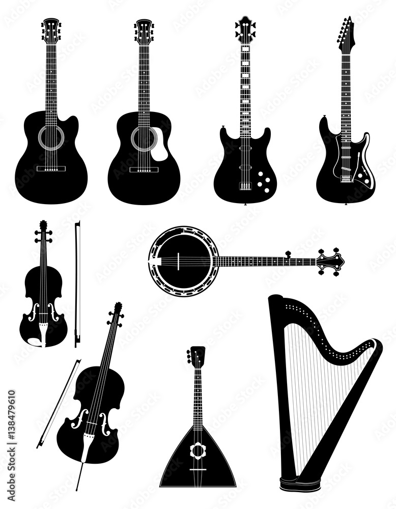 stringed musical instruments black outline silhouette stock vector ...