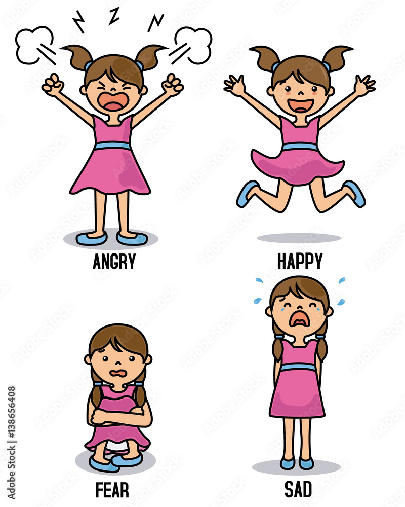 Girl with different emotions. Happy, angry, sad and scared Stock Vector ...