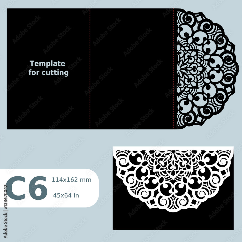 C6 paper openwork greeting card, wedding invitation, template for cutting, lace invitation, card ...