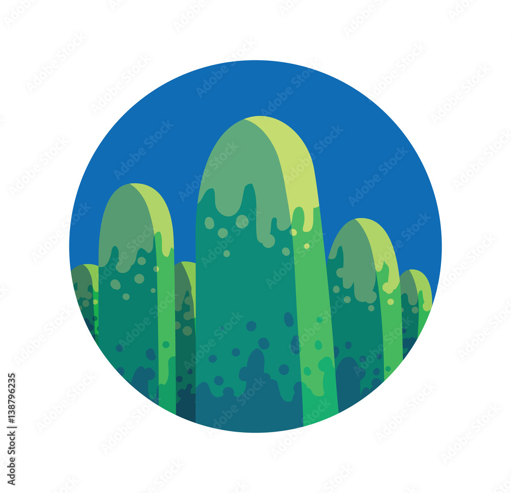 Vector blue round label with cartoon image of green mountain with six ...