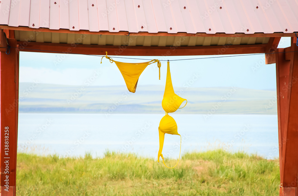 Swimsuit dries after swimming. Bra and panties hanging on a string ...