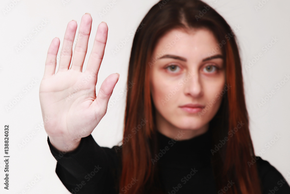 Girl showing stop hand sign gesture (Body language, gestures) Stock ...