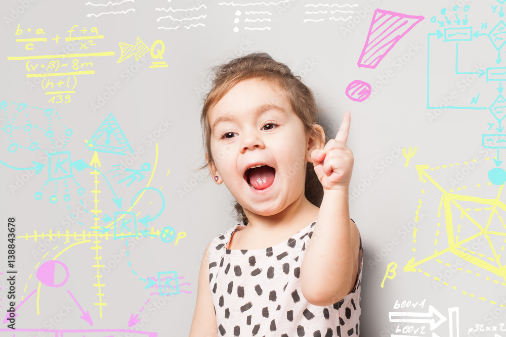 Cute litte girl who looks like found a solution and various quations ...