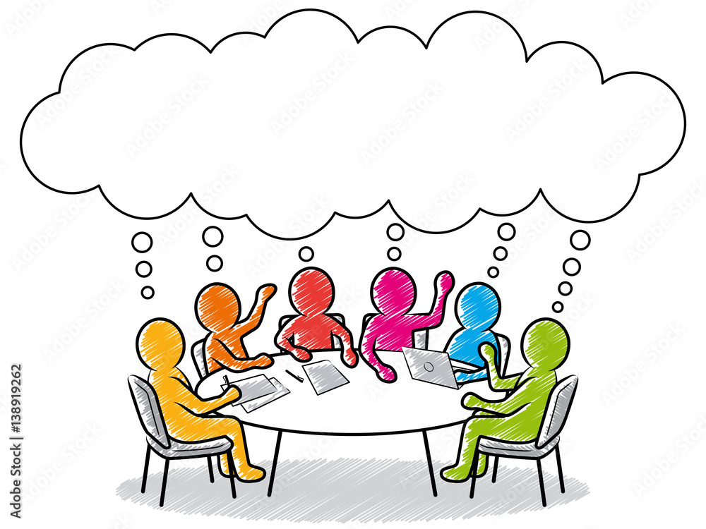 Stock-Vektorgrafik „Farbige Strichmännchen: Team-Besprechung am runden ...