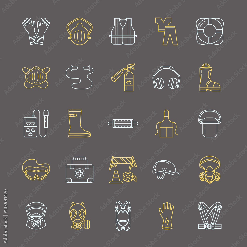 Personal protective equipment line icons. Gas mask, ring buoy ...