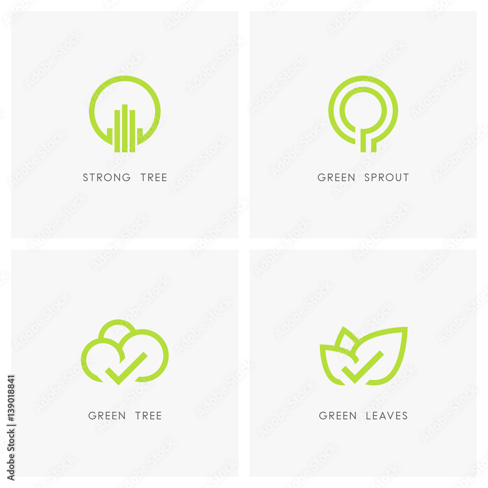 Nature logo set. Green tree and leaves with check mark, sprout symbol ...