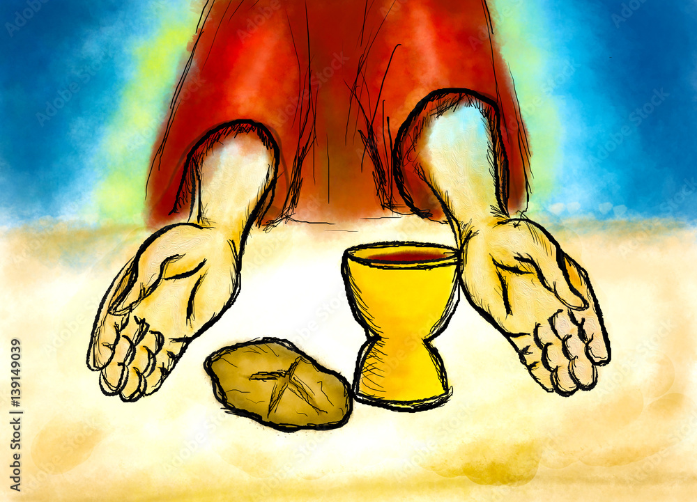 Eucharist or Last supper of Jesus Christ, with bread and wine. Maundy ...