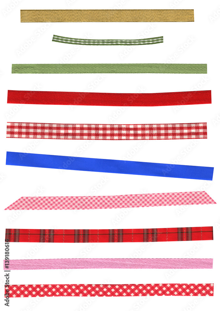 Assort of colorful beautiful ribbons. Many narrow strip of fabric in ...