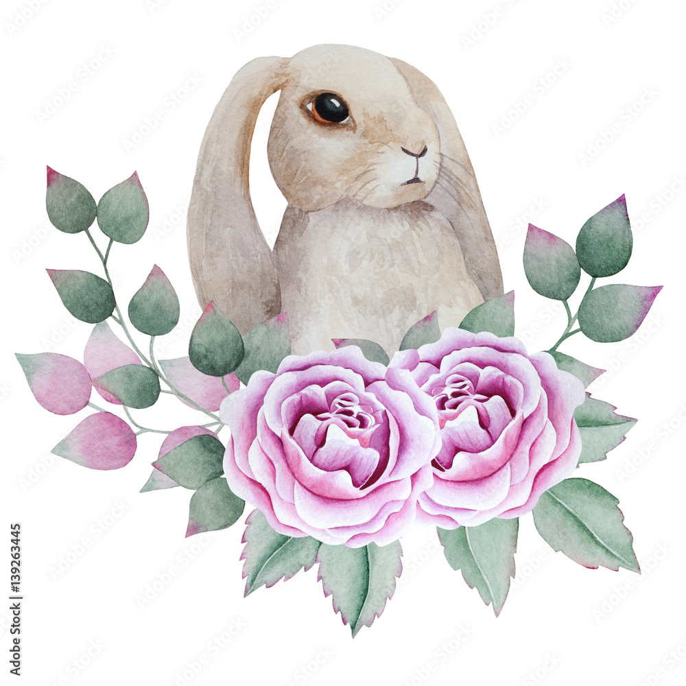 Rabbit and Roses watercolor illustration Stock Illustration | Adobe Stock