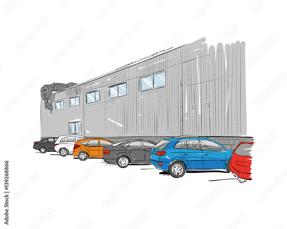 Car showroom exterior design sketch. Hand drawn vector illustration ...