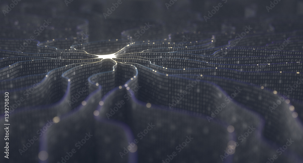 Foto de Stock Artificial neuron in concept of artificial intelligence. Wall-shaped binary codes ...