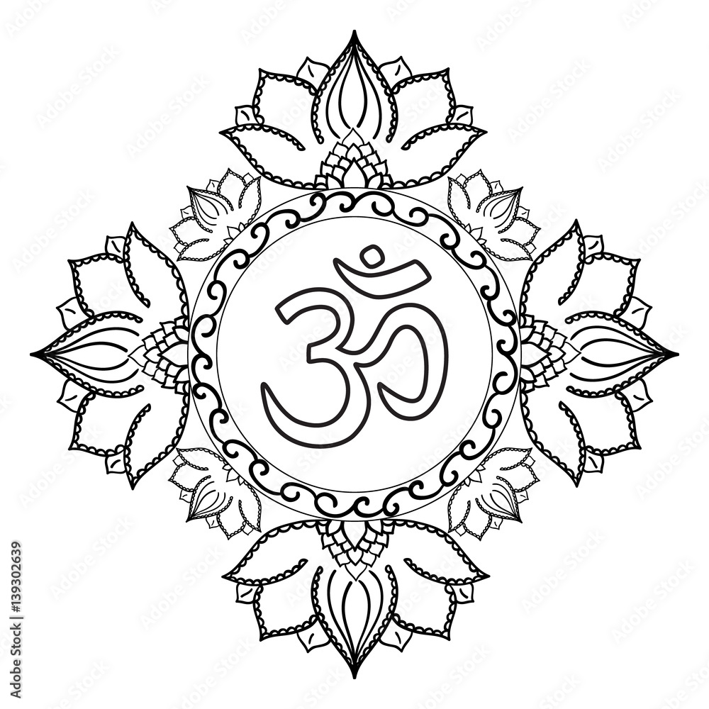 Om symbol and hand drawn mandala with lotus. Stock Vector | Adobe Stock