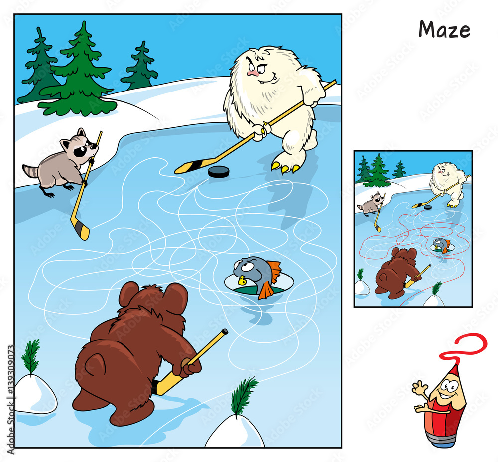Yeti playing hockey with the bear and raccoon. Educational maze game ...