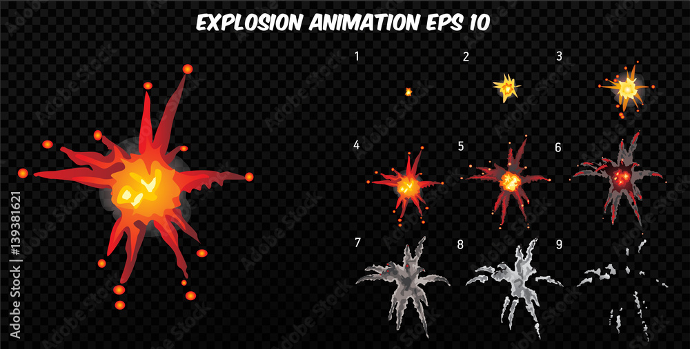 Vector explode. Explode effect animation with smoke. Cartoon explosion frames. Sprite sheet of ...