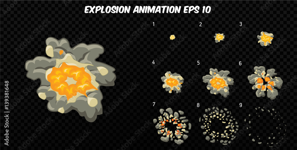 Vector explode. Explode effect animation with smoke. Cartoon explosion frames. Sprite sheet of ...