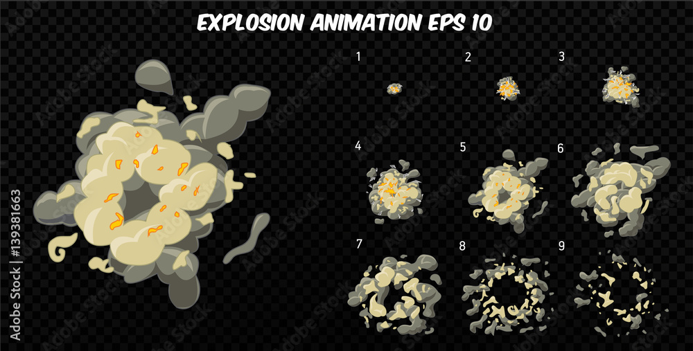 Vetor Vector explode. Explode effect animation with smoke. Cartoon explosion frames. Sprite ...