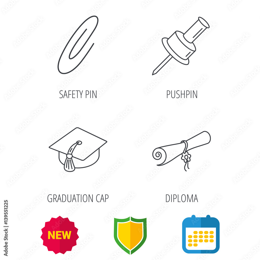 Graduation cap, pushpin and diploma icons. Safety pin linear sign ...