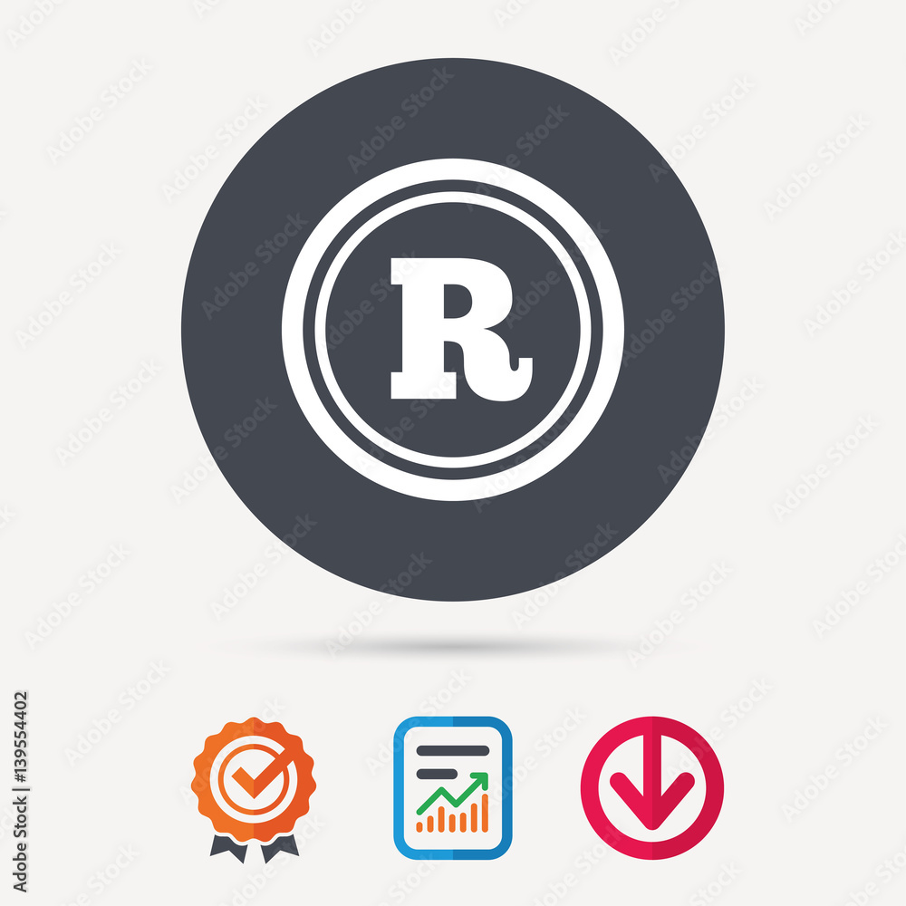 Registered trademark icon. Intellectual work protection symbol. Report document, award medal ...