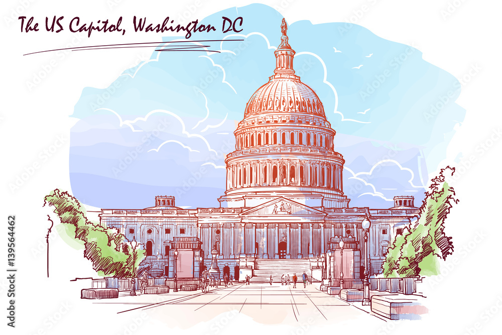 Front view of the US Capitol Building. Cityscape, urban hand drawing ...