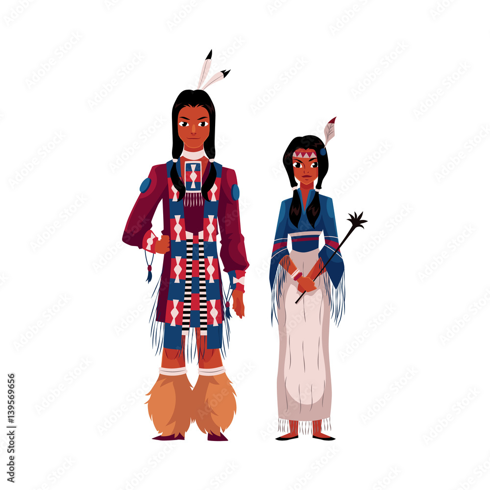 Native American Indian couple in national clothes, wearing tribal ...