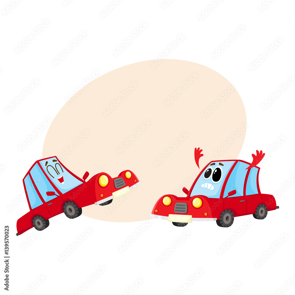 Two funny red car characters, one dismayed and despaired, another ...