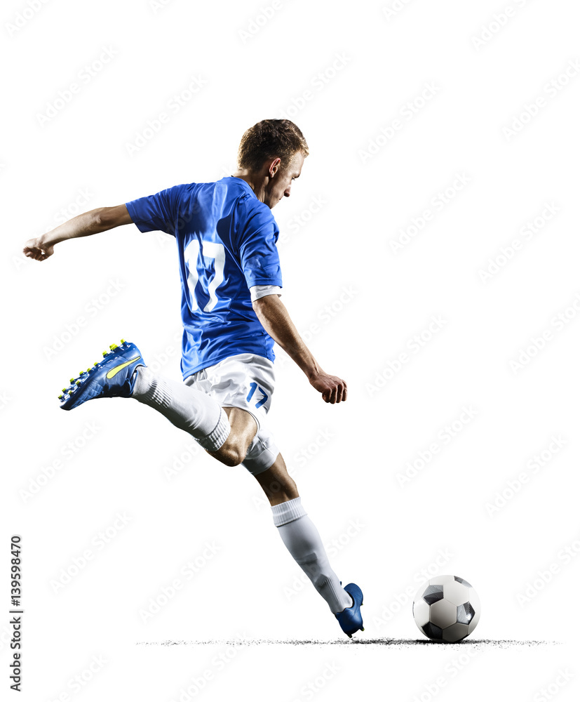 Professional football soccer player in action isolated white background ...