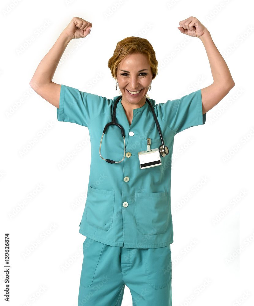 woman md emergency doctor or nurse posing smiling cheerful with ...