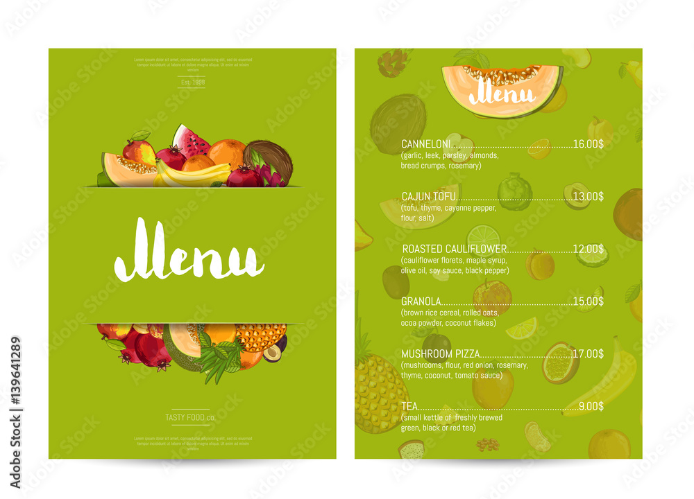 Vegan cafe food menu design vector illustration. Vegetarian restaurant ...