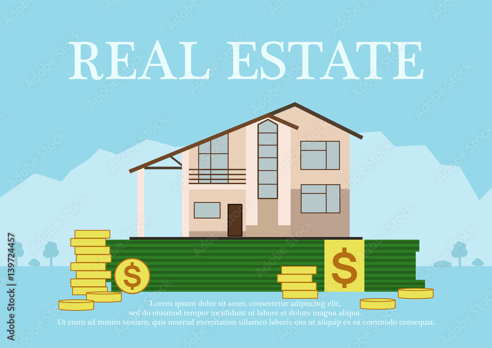 Cute cartoon house for sale or rent in flat building style staing on ...