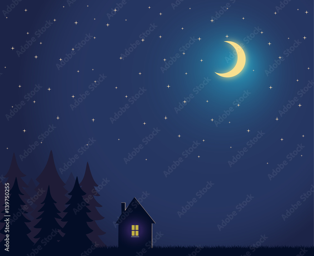 House and tree and night sky with stars and moon Stock Vector | Adobe Stock