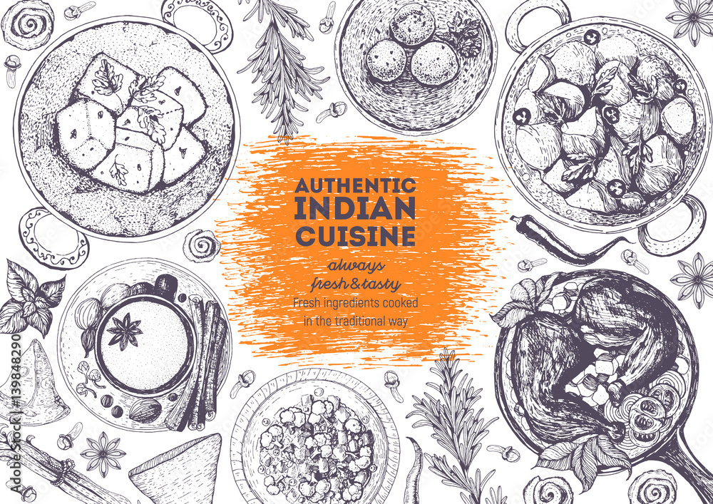 Indian cuisine top view frame. Indian food menu design. Vintage hand ...