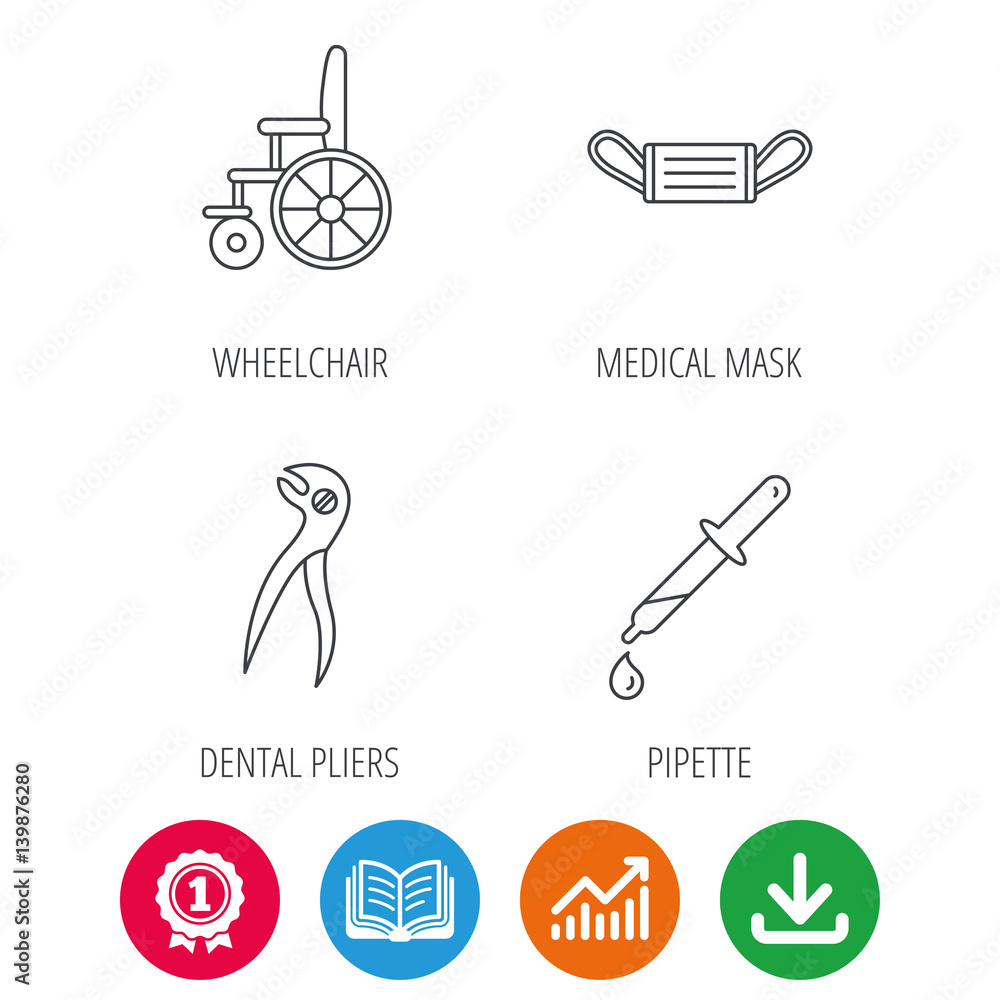 Medical mask, pipette and dental pliers icons. Wheelchair linear sign ...