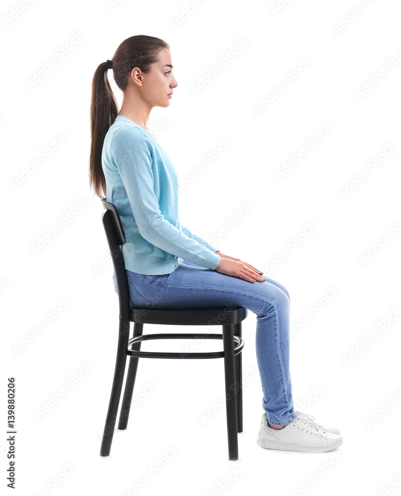 Posture concept. Young woman sitting on chair against white background ...